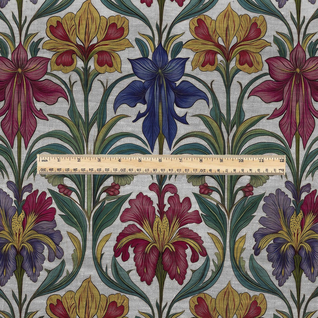 100% LINEN Fabric Print Art Nouveau Floral - Oatmeal Linen Fabric With ...