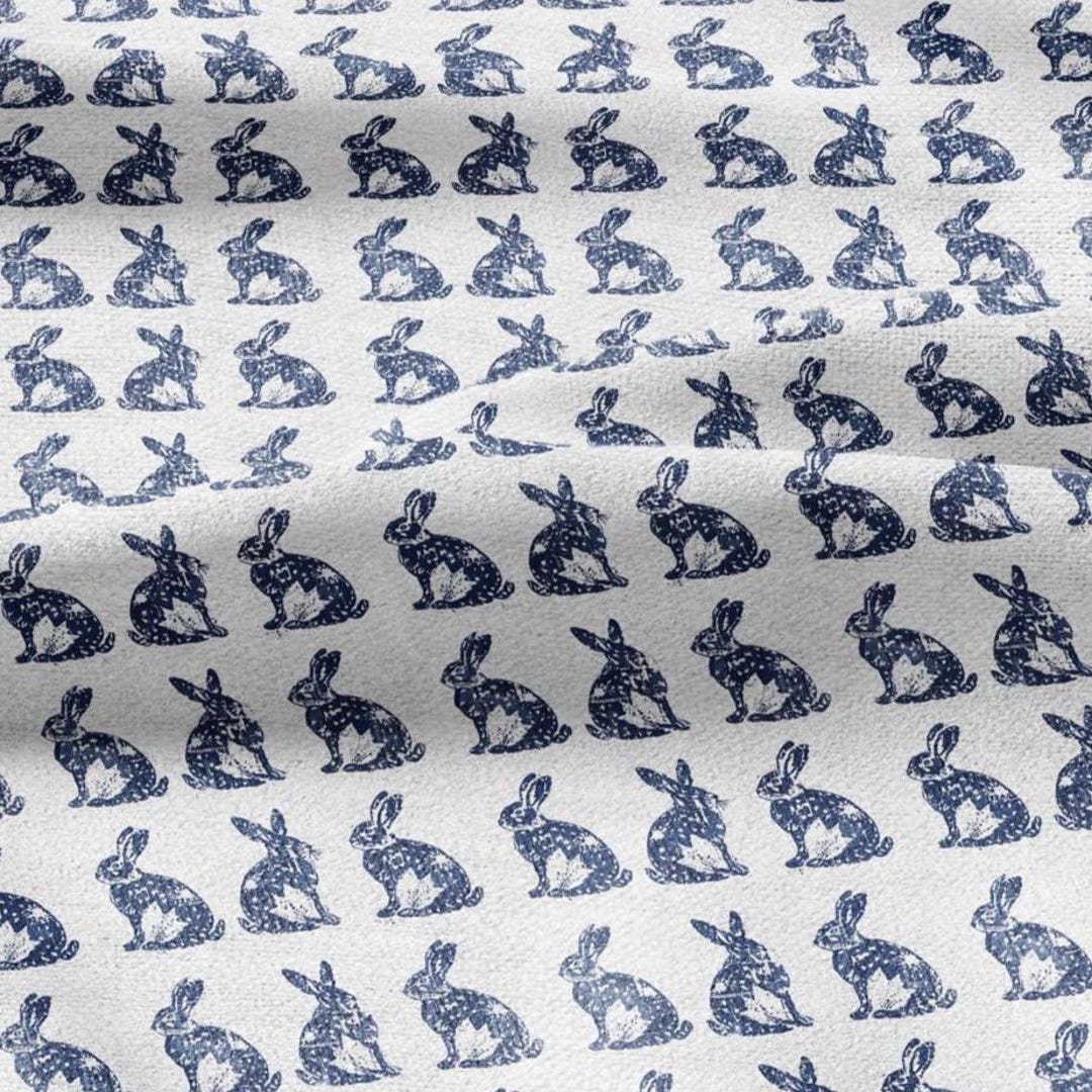 100% LINEN Fabric Rabbit Indigo Blue Print - Bunny Linen Fabric With ...