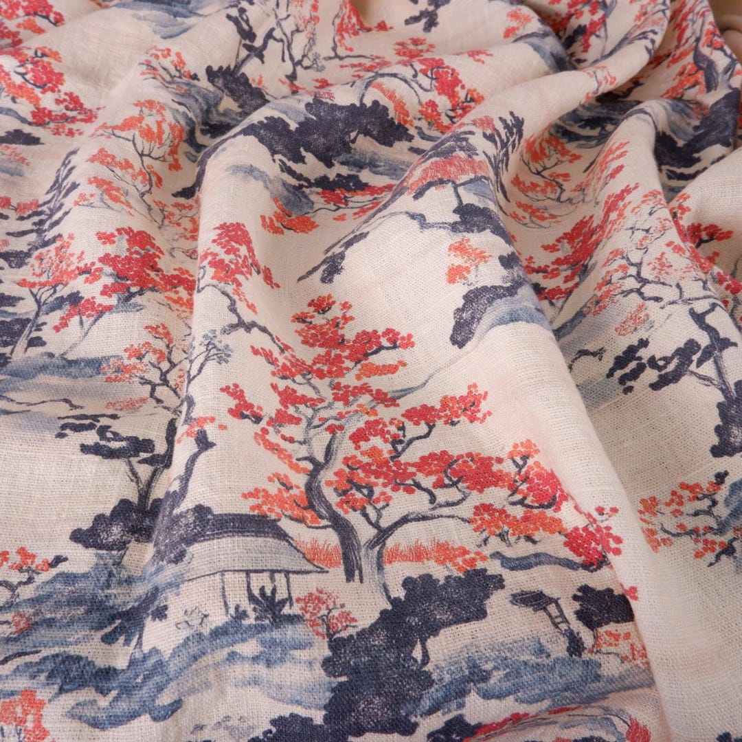 100% LINEN Fabric Floral Print - Autumn in Japan Botanical Print Linen ...