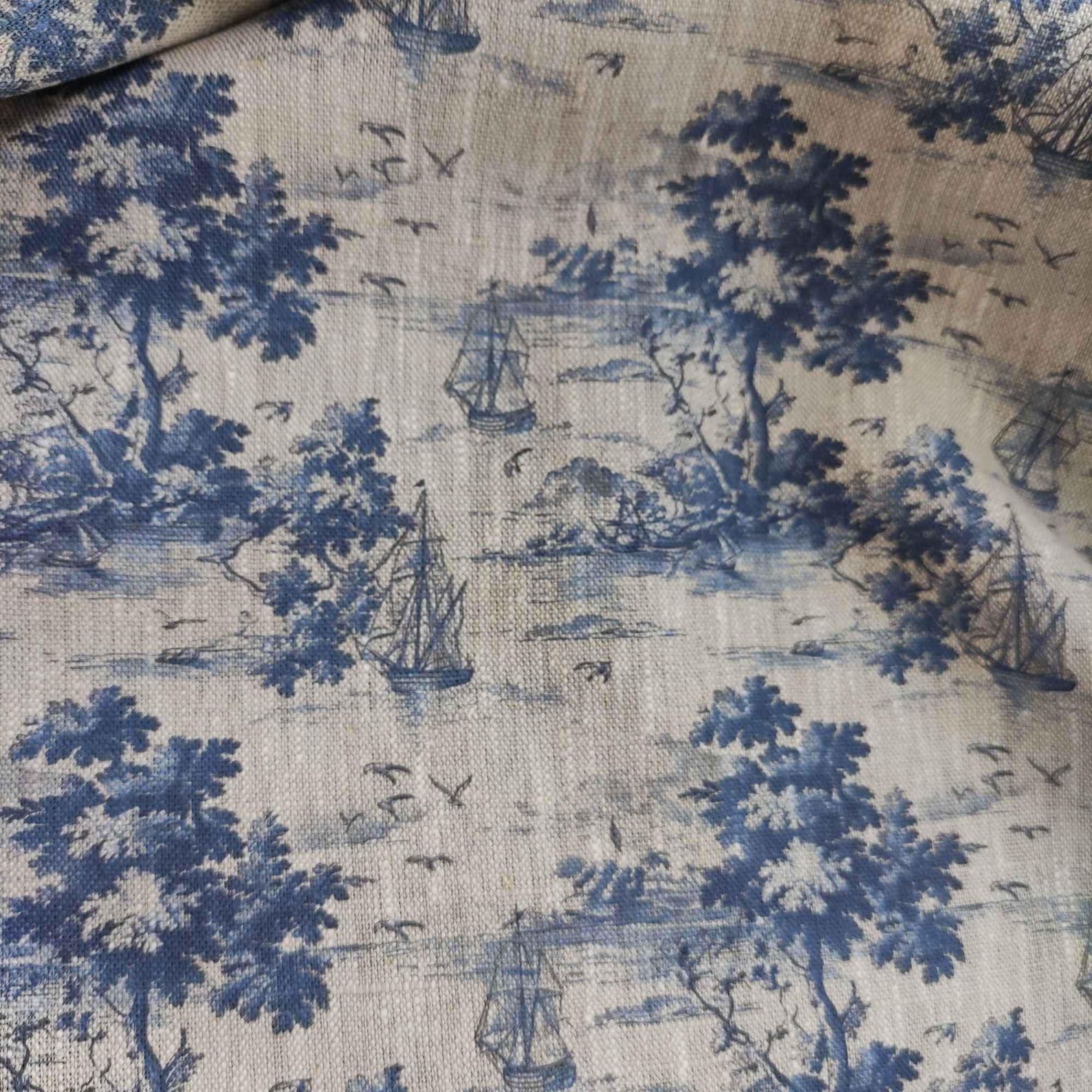 100% LINEN Fabric Toile De Jouy With Ship and Island Print, Oatmeal ...