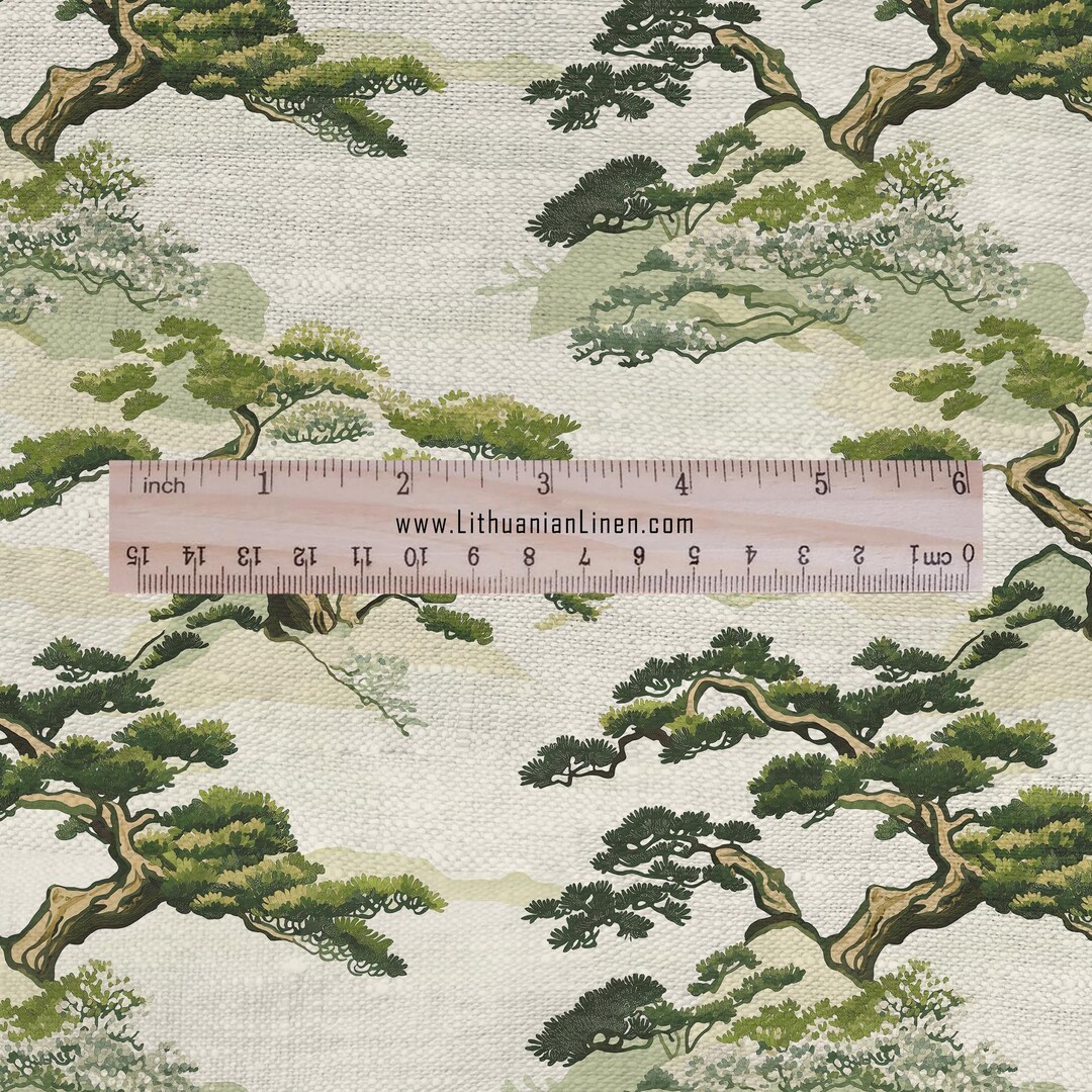 100% LINEN Fabric Japanese Pine Print - Japan Botanical Linen Fabric ...