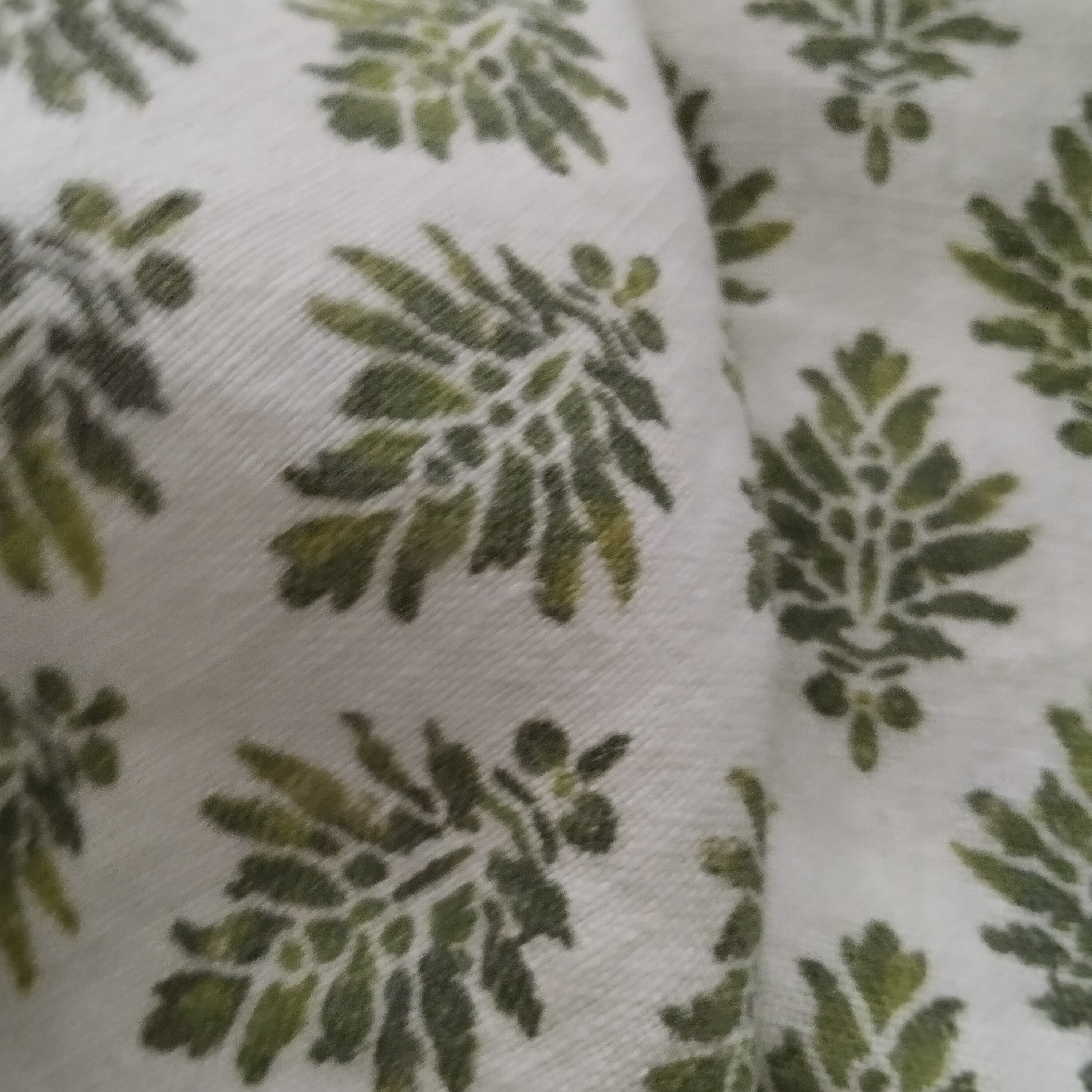 100% LINEN Fabric Block Print Green on White , White Botanical Fabric ...