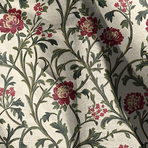 100% LINEN Fabric Oriental With Floral Print, Linen Fabric With ...