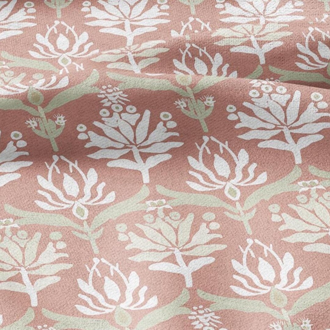 100% LINEN Fabric Block Print in Preppy Pink - Floral Print on White ...
