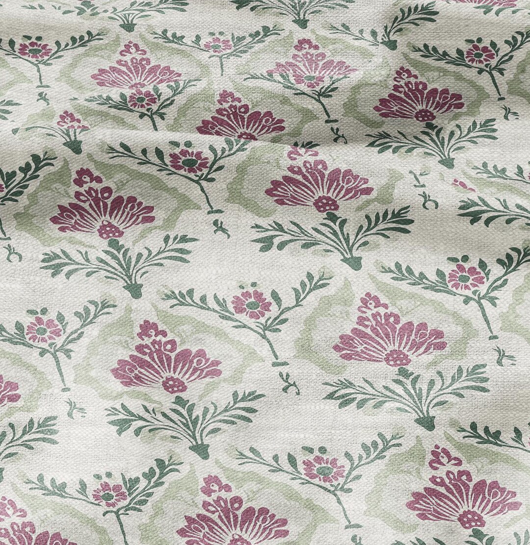 100% LINEN Fabric Floral With Botanical Print - Linen Fabric With Pale ...