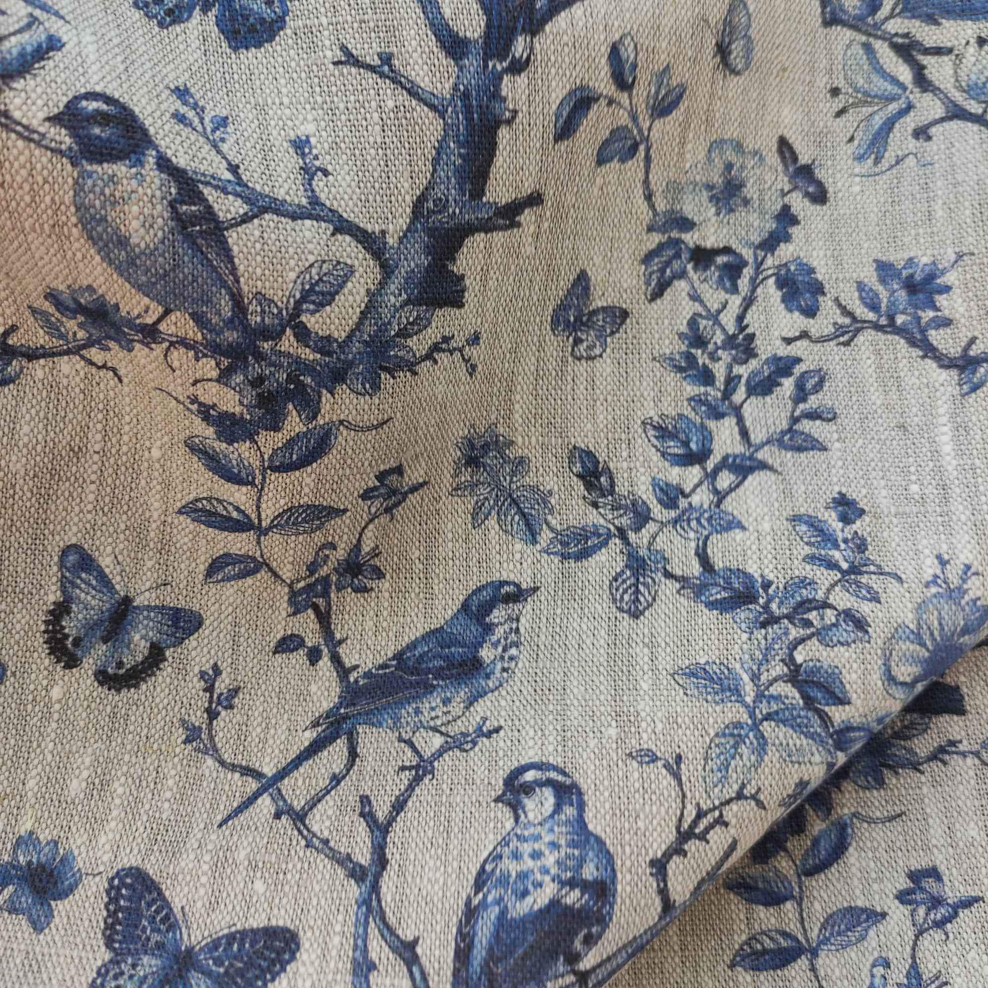 100% LINEN Fabric French Blue Block Print on Oatmeal Natur Linen ...