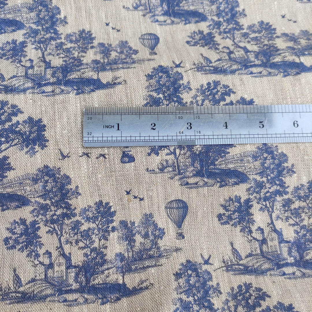100% LINEN Fabric Toile De Jouy With Air Balloon, Oatmeal Natur Linen ...