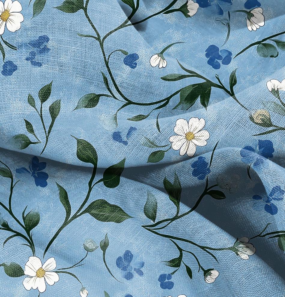 100% LINEN Fabric Floral Blue Print - Linen Fabric With Blue Botanical ...