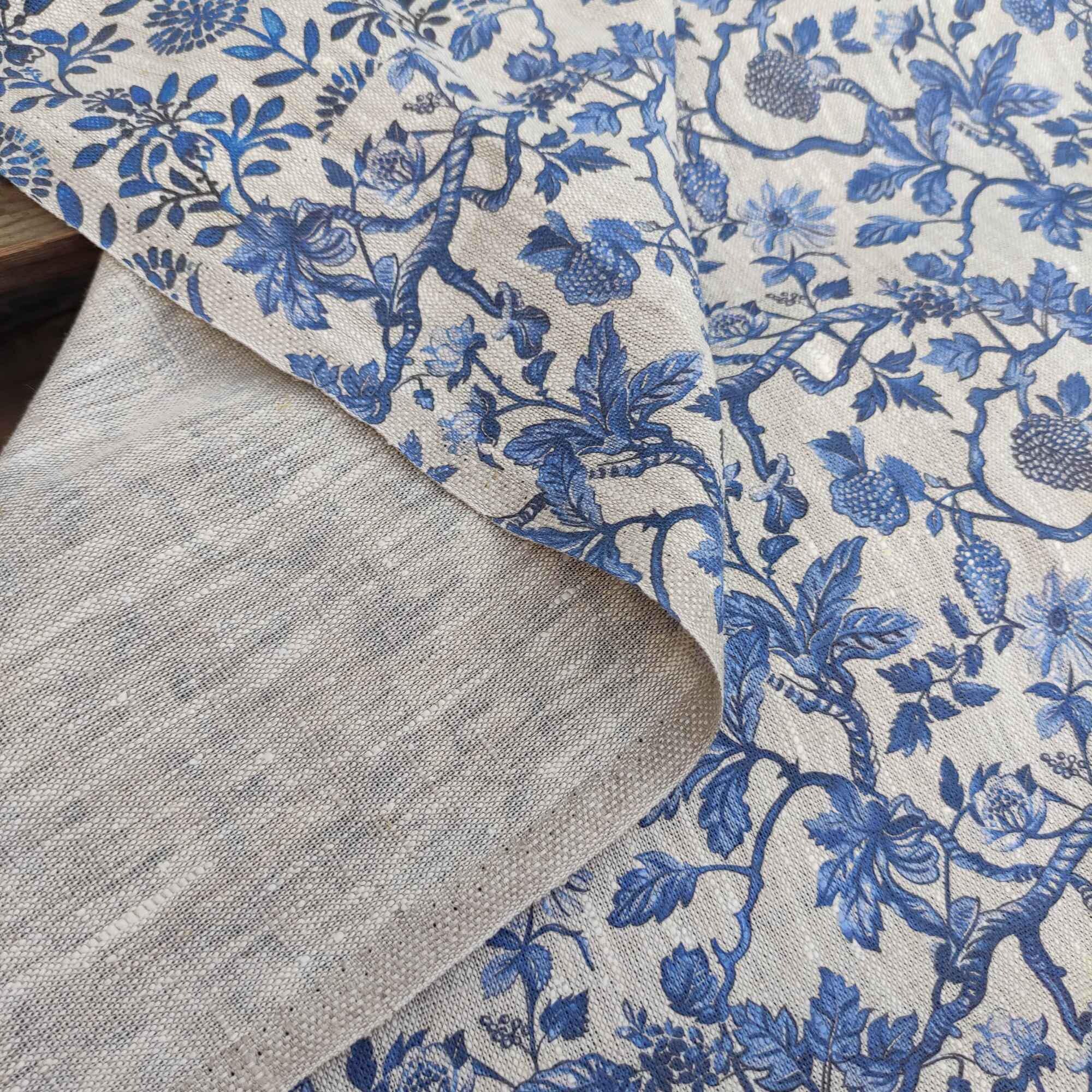 100% LINEN Fabric French Blue Block Print on Oatmeal Natur Linen ...