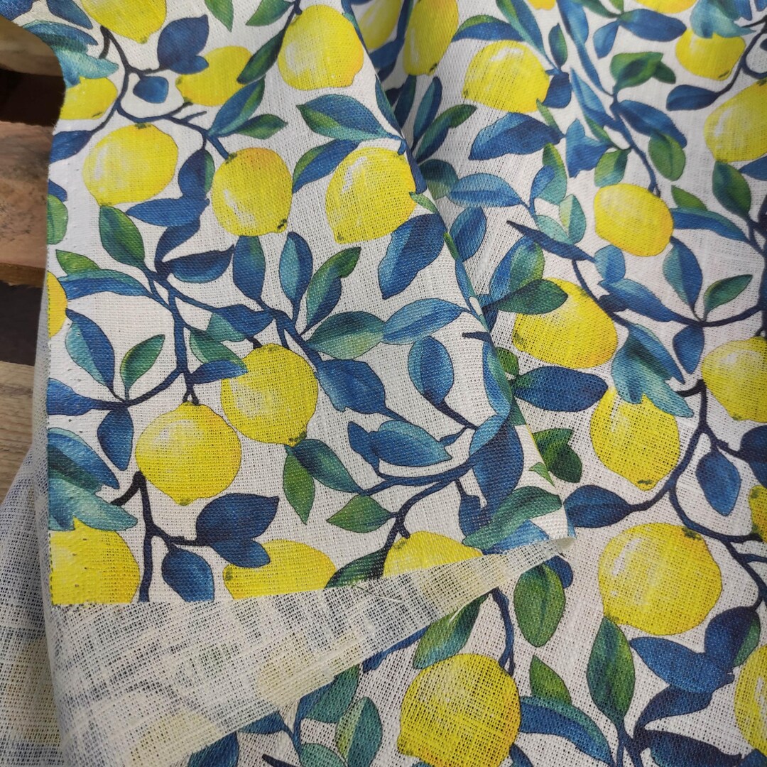 100% LINEN Fabric Lemons Print, Oatmeal Natur Linen With Italian Citrus ...