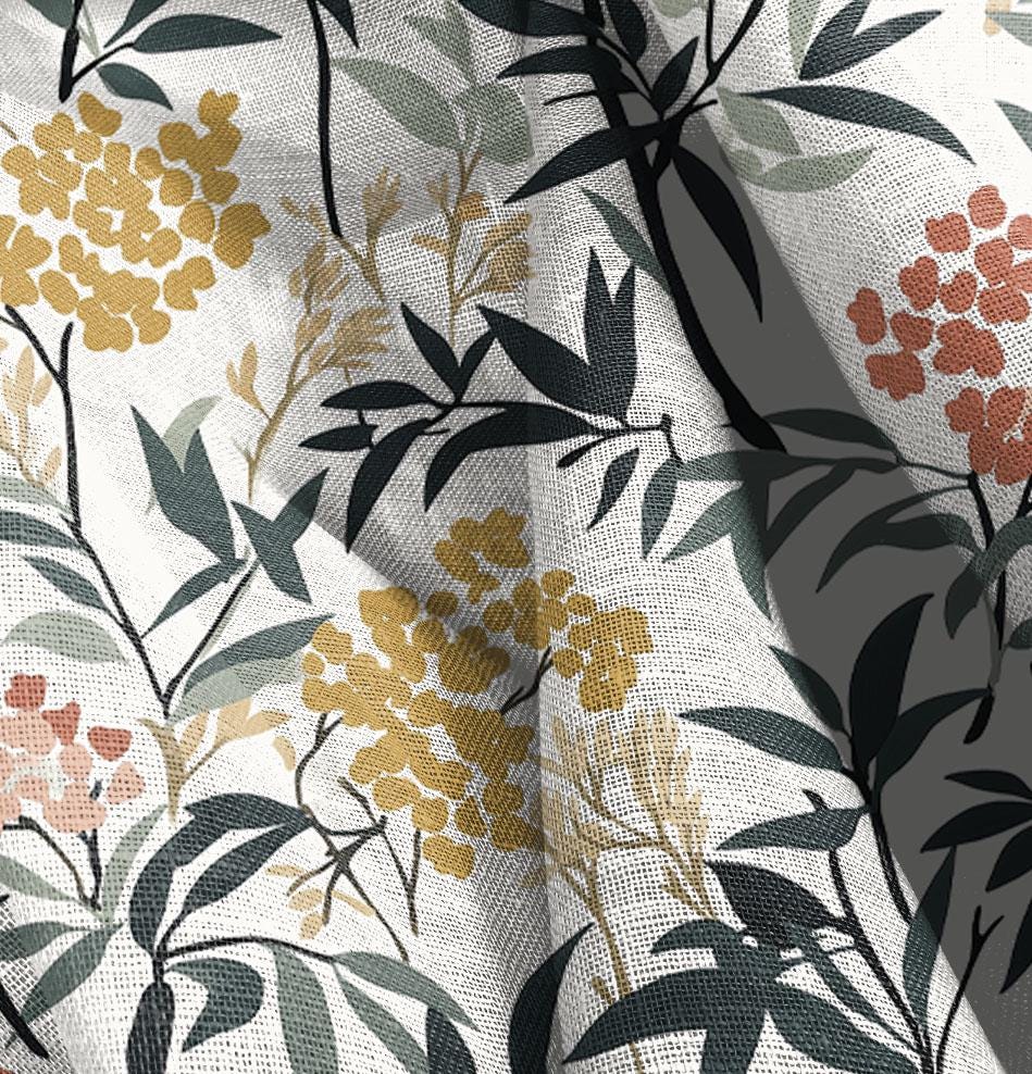 100% LINEN Fabric Floral Rowan Print, Linen Fabric With Berries Tree ...