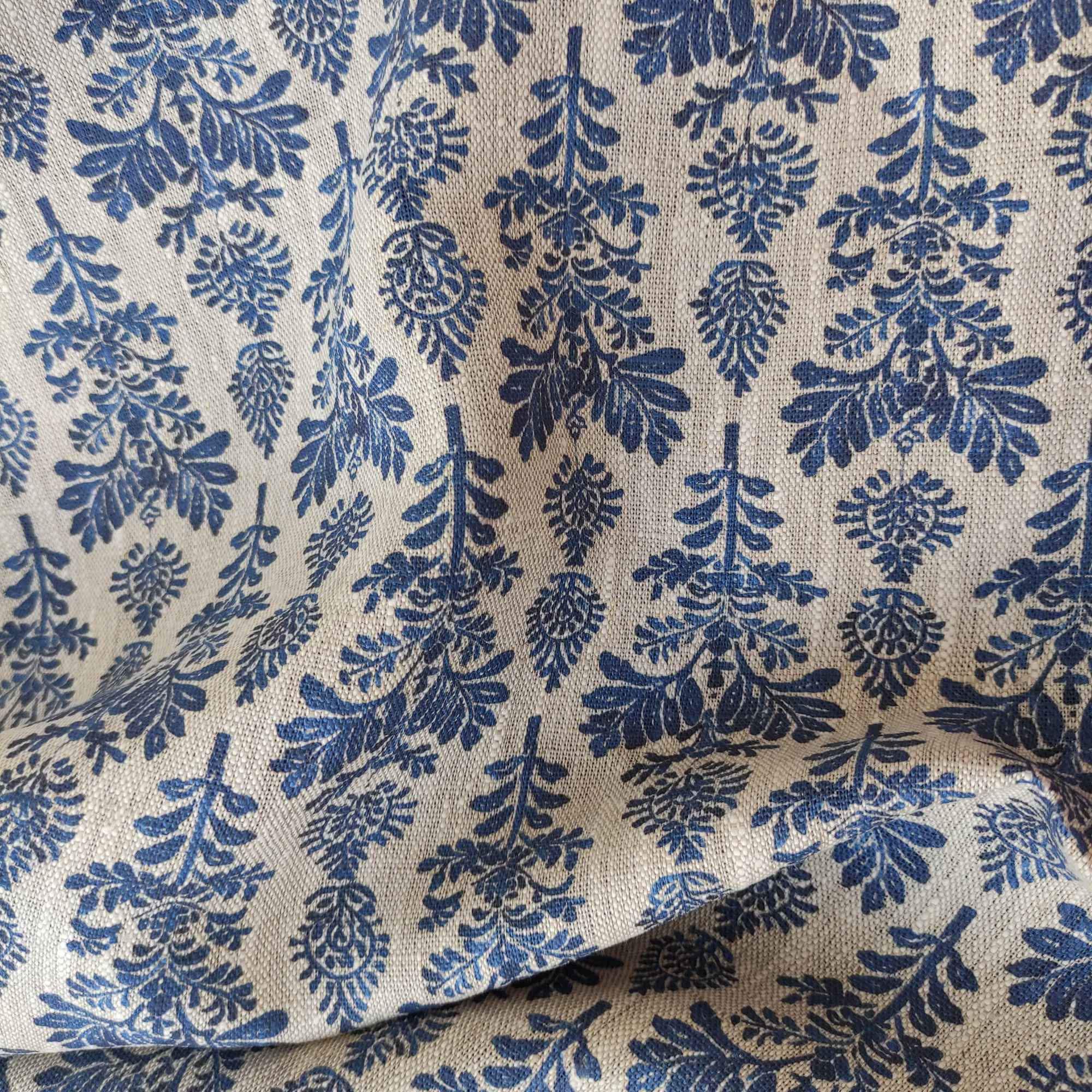 100% LINEN Fabric French Blue Block Print on Oatmeal Natur Linen ...