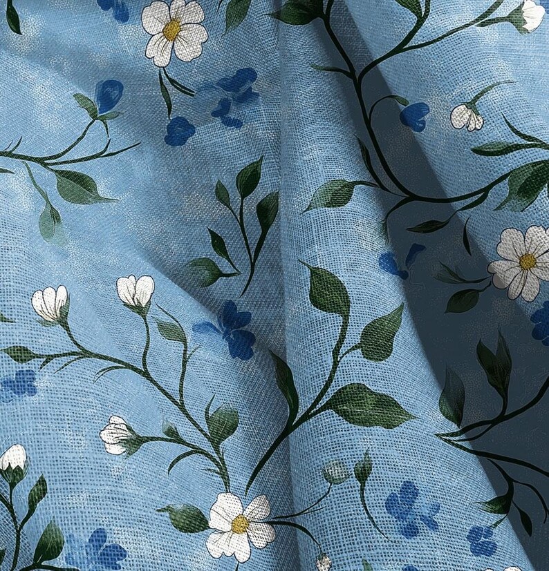 100% LINEN Fabric Floral Blue Print - Linen Fabric With Blue Botanical ...