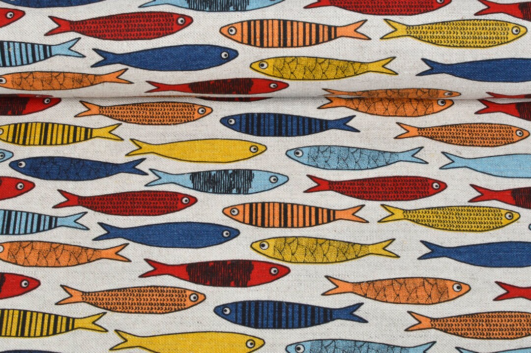 Linen Fabric FISH Print Heavy Weight 240gsm Animal Print on Flax Cotton ...