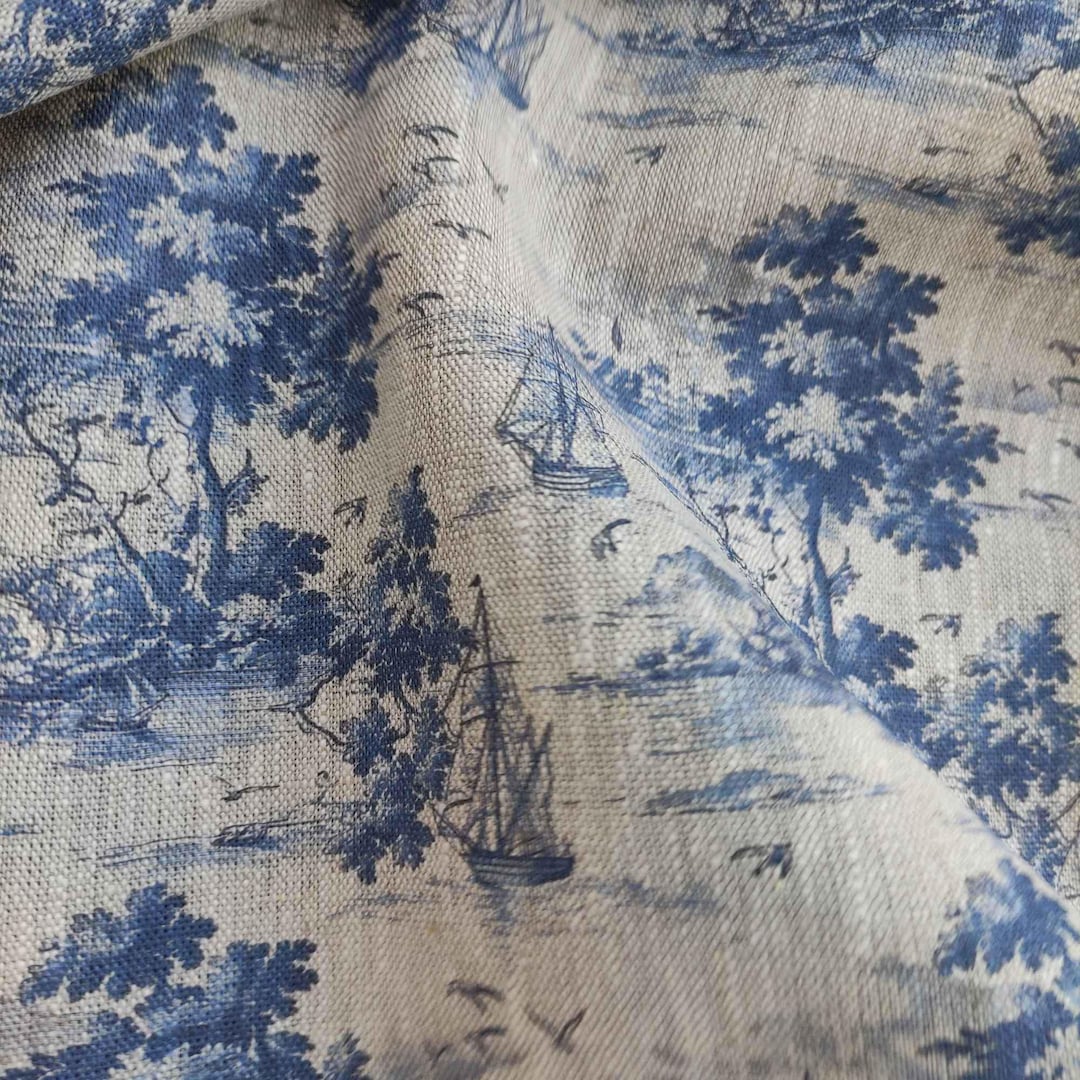 100% LINEN Fabric Toile De Jouy With Ship and Island Print, Oatmeal ...