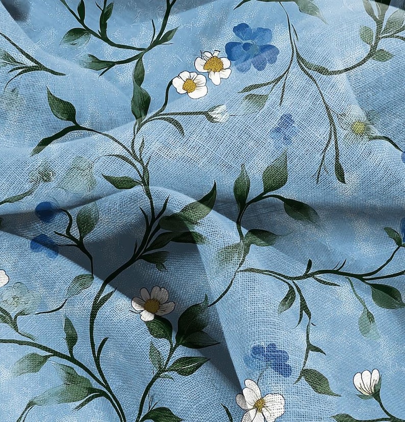 100% LINEN Fabric Floral Blue Print - Linen Fabric With Blue Botanical ...