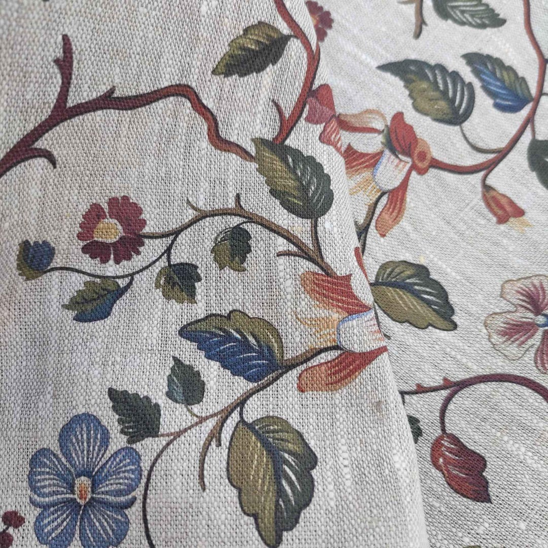 100% LINEN Fabric Floral Print on Oatmeal Natur Linen, Botanical Linen ...