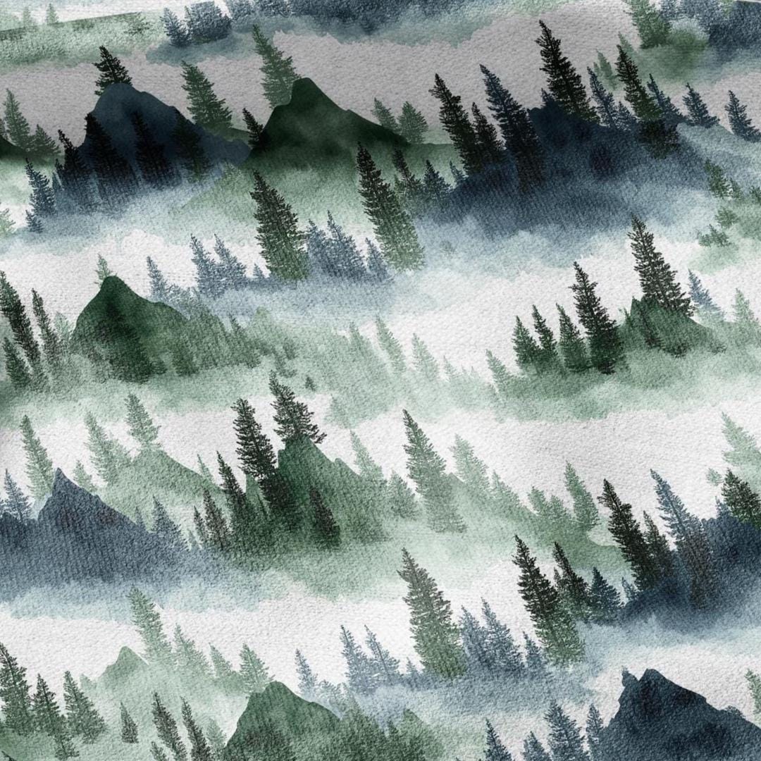 100% LINEN Fabric Forest Scenery - Landscape Fabric With Green Fir ...