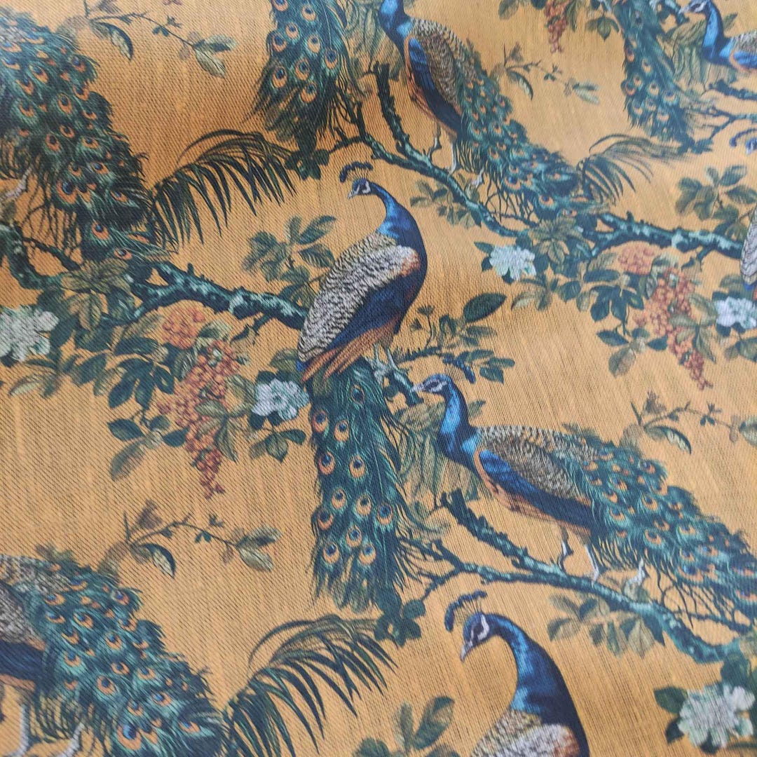 100% LINEN Fabric Mustard Peacock Print on Oatmeal Natur Linen ...