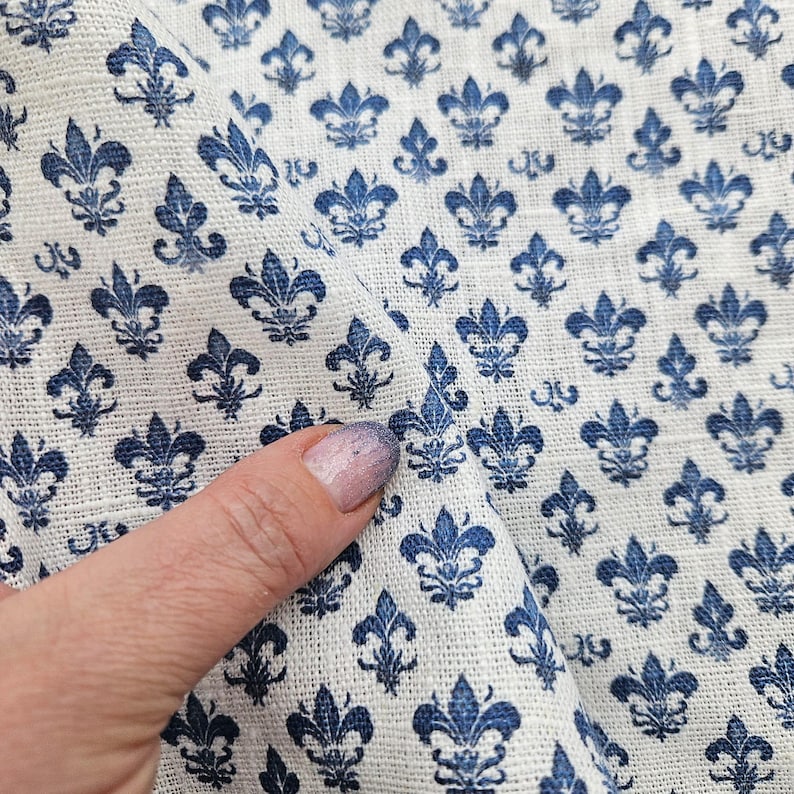 100% LINEN Fabric Fleur De Lis Print, Linen Fabric With Blue French ...