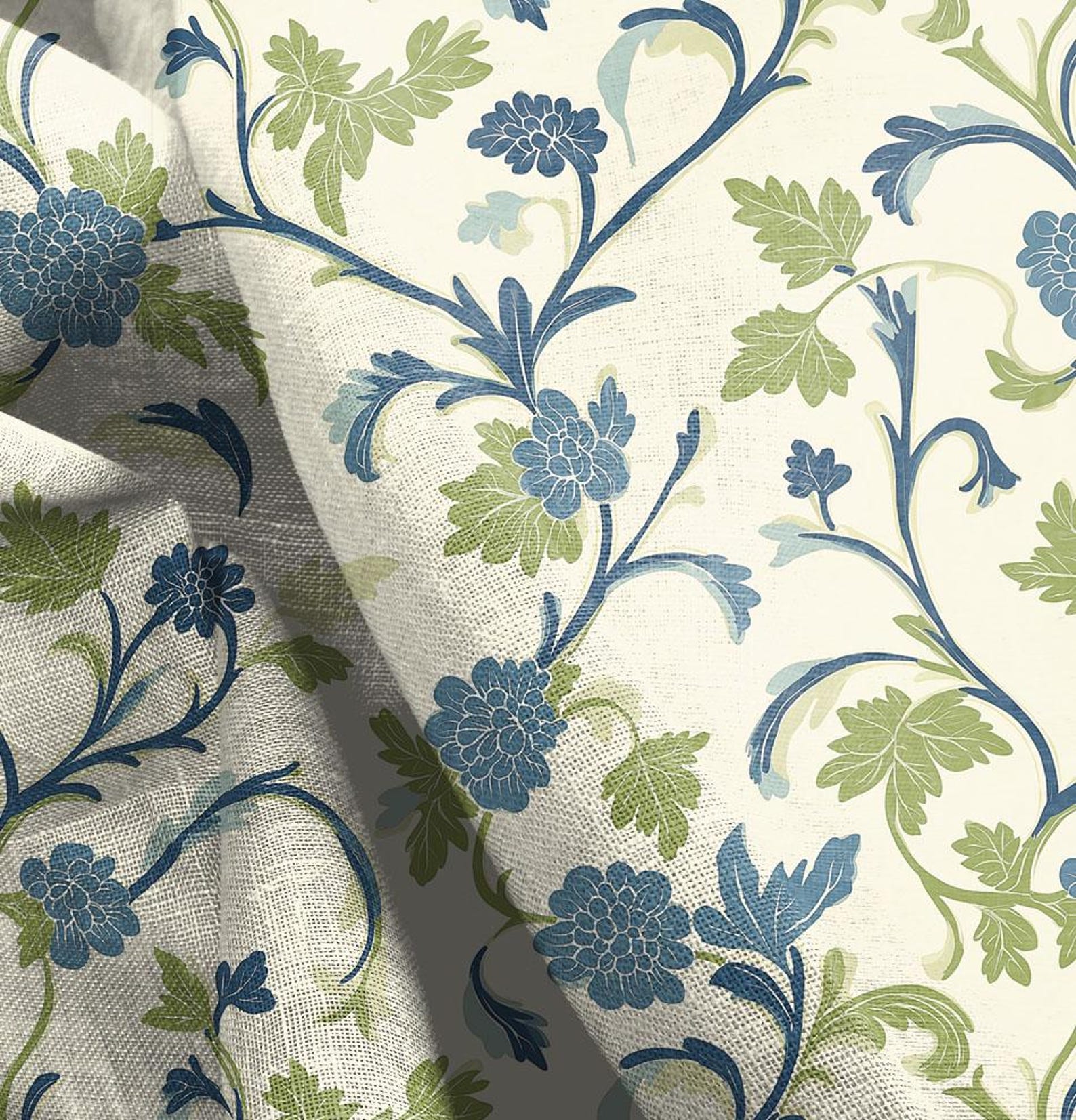 100% LINEN Fabric Botanical Blue Green Print on Linen, Modern Vintage ...