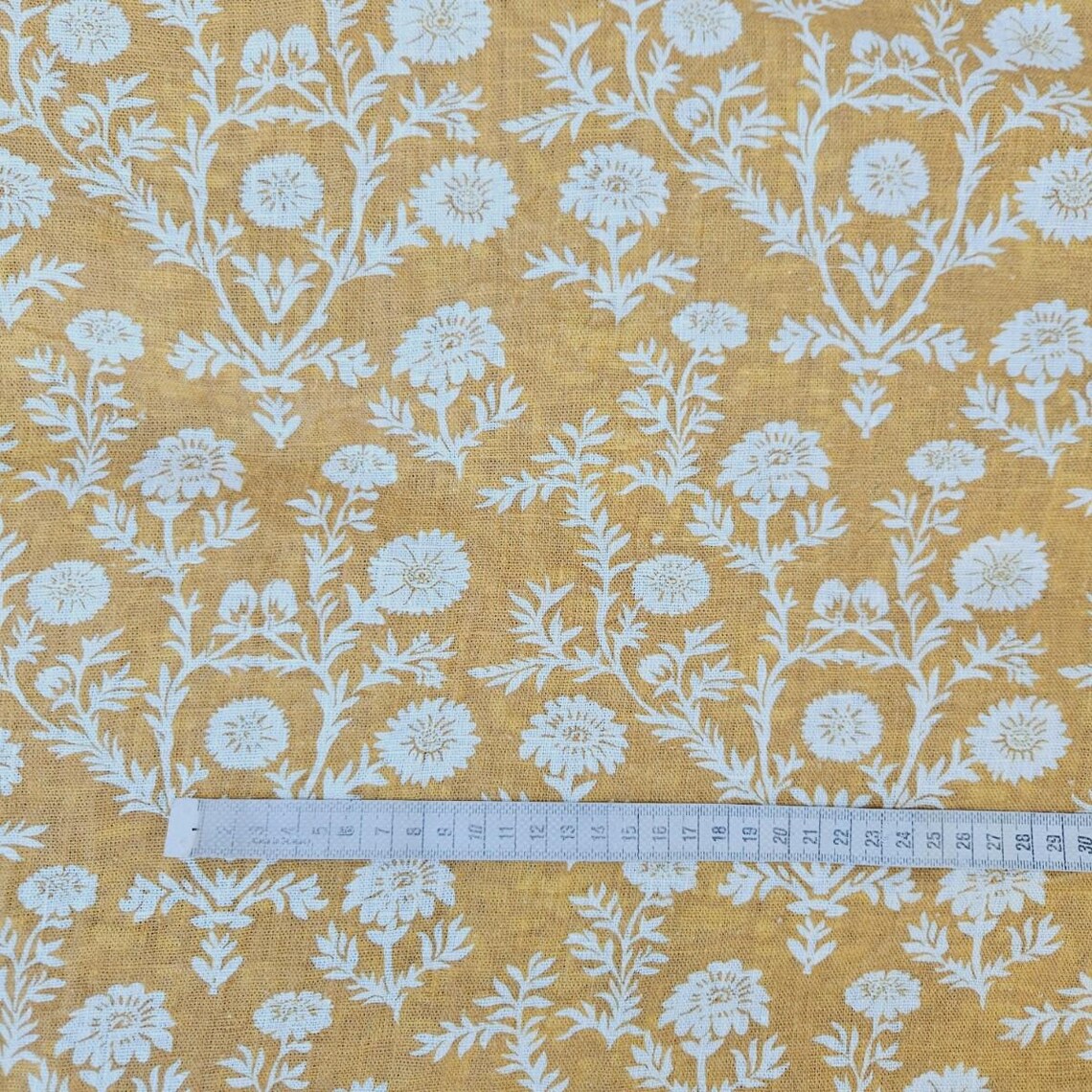 100% LINEN Fabric Block Print in Mustard Floral - Floral Print Heavy ...