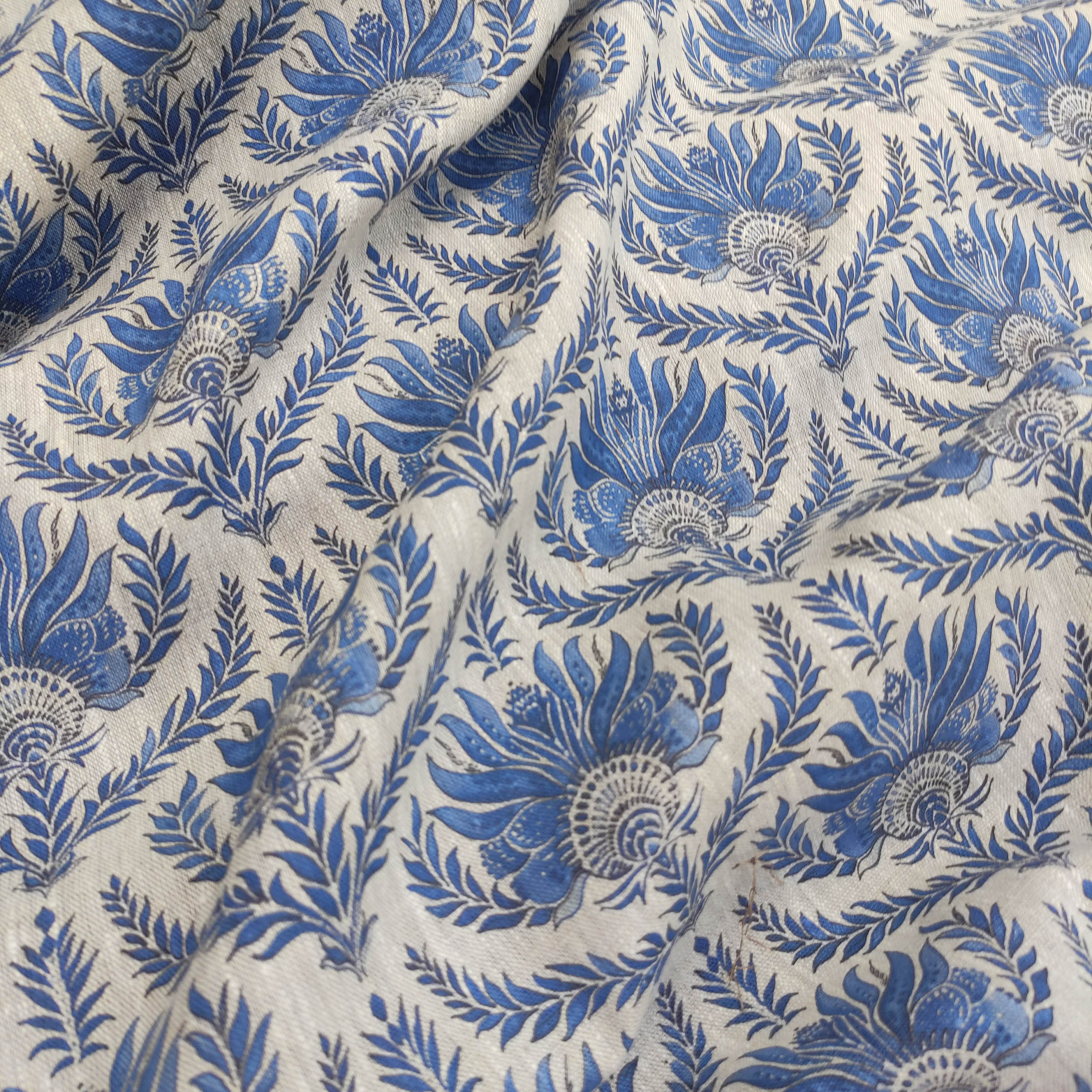 100% LINEN Fabric French Blue Block Print on Oatmeal Natur Linen ...