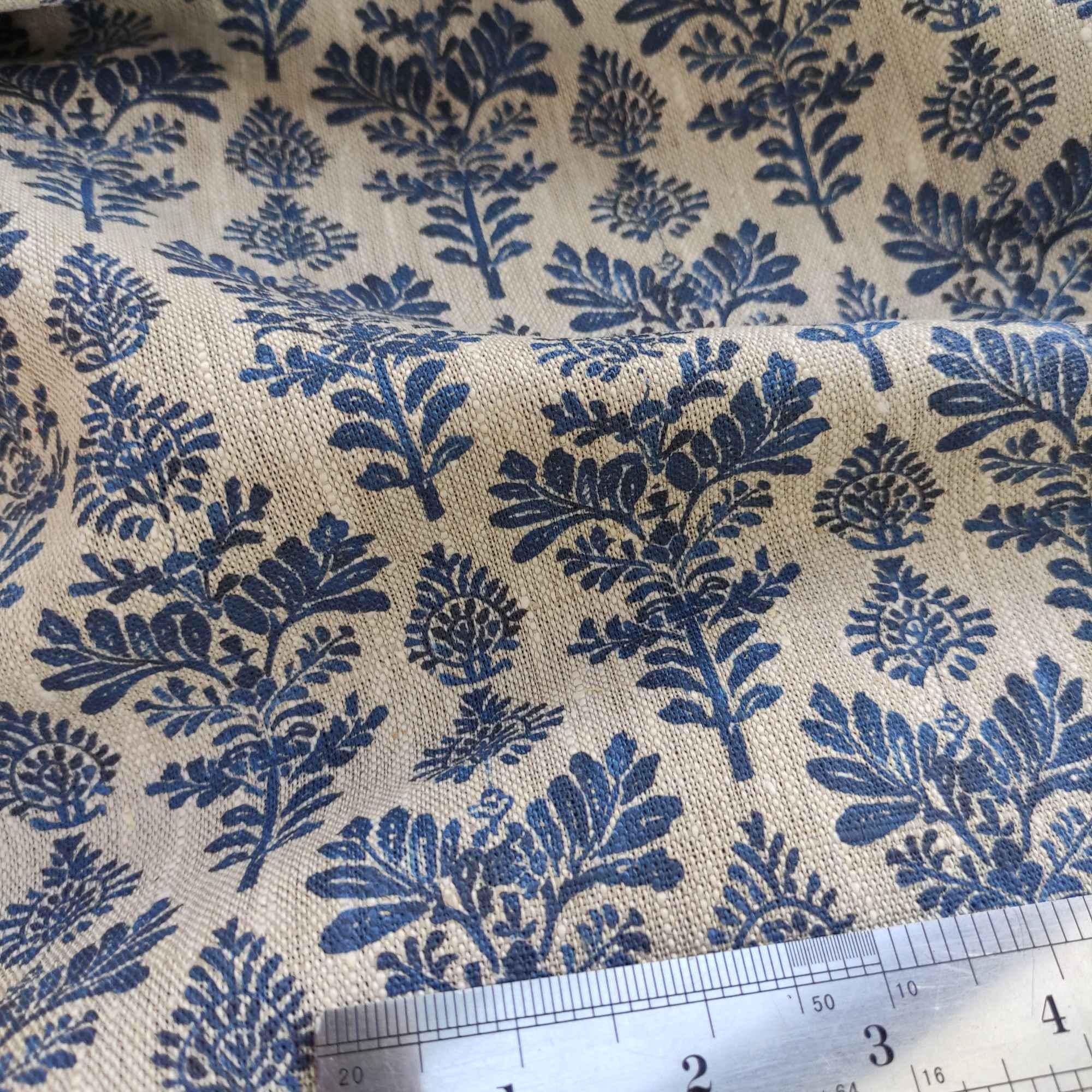 100% LINEN Fabric French Blue Block Print on Oatmeal Natur Linen ...