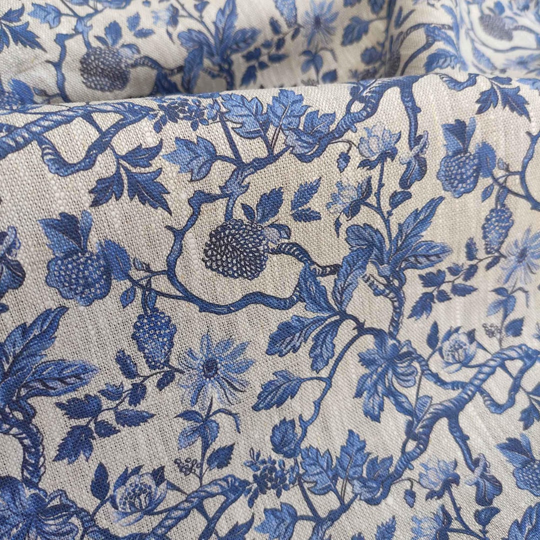 100% LINEN Fabric French Blue Block Print on Oatmeal Natur Linen ...