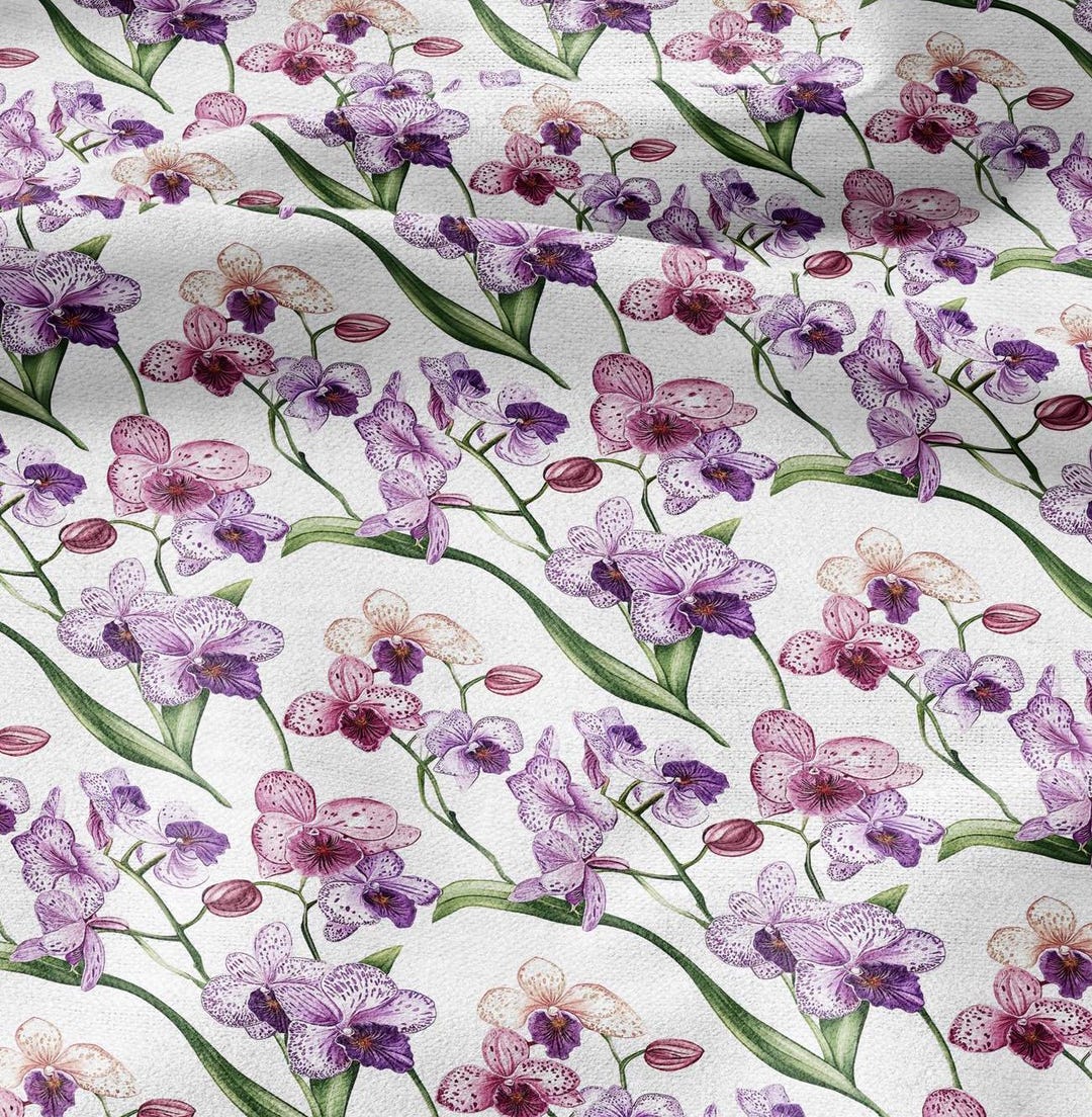100% LINEN Fabric Floral Pink Purple Orchid Print - Hand Drawn PINK ...