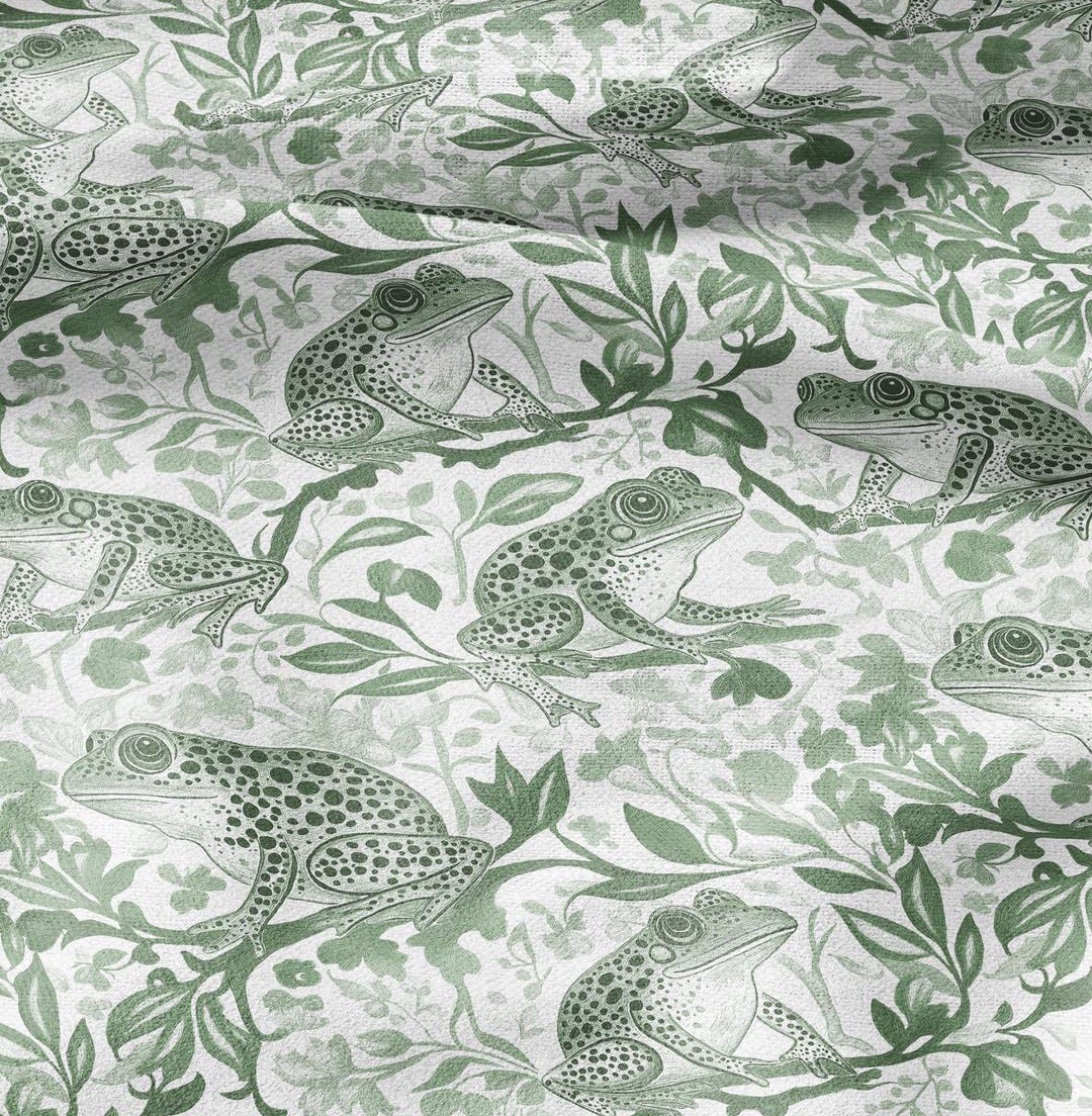 100% LINEN Fabric Toile De Jouy Frog Nautical Print - Green White Linen ...