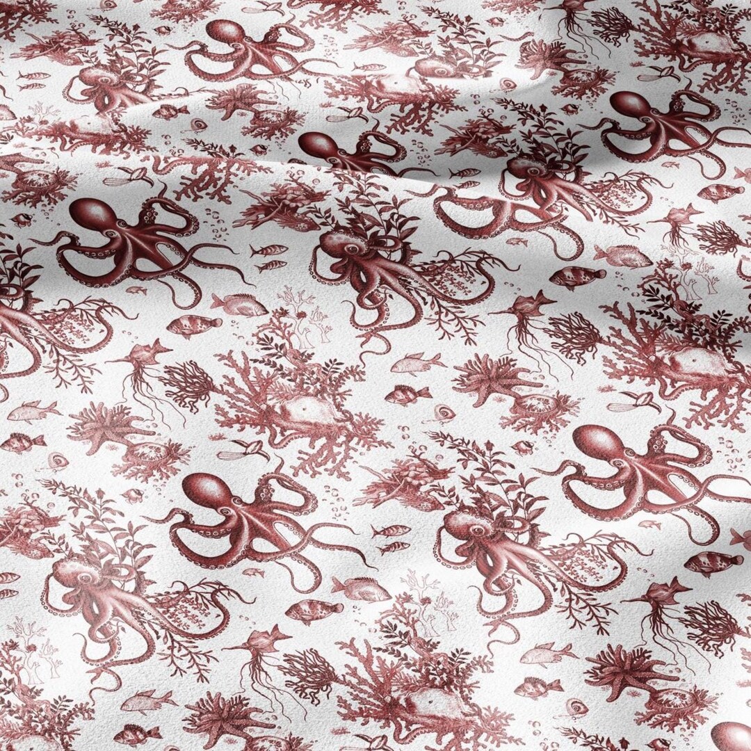 100% LINEN Fabric Octopus Linen - Red White Nautical Fabric for ...