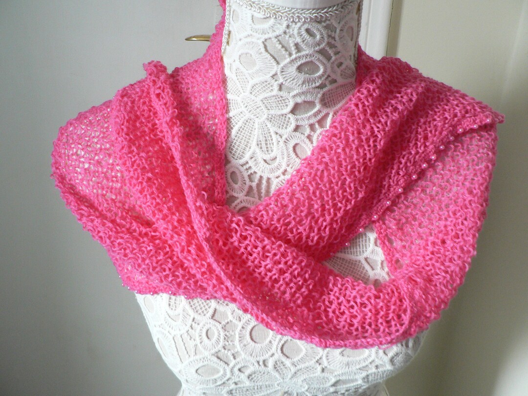 Beaded Textured Pink Mitred Triangular Stole With Beaded Edge - Etsy