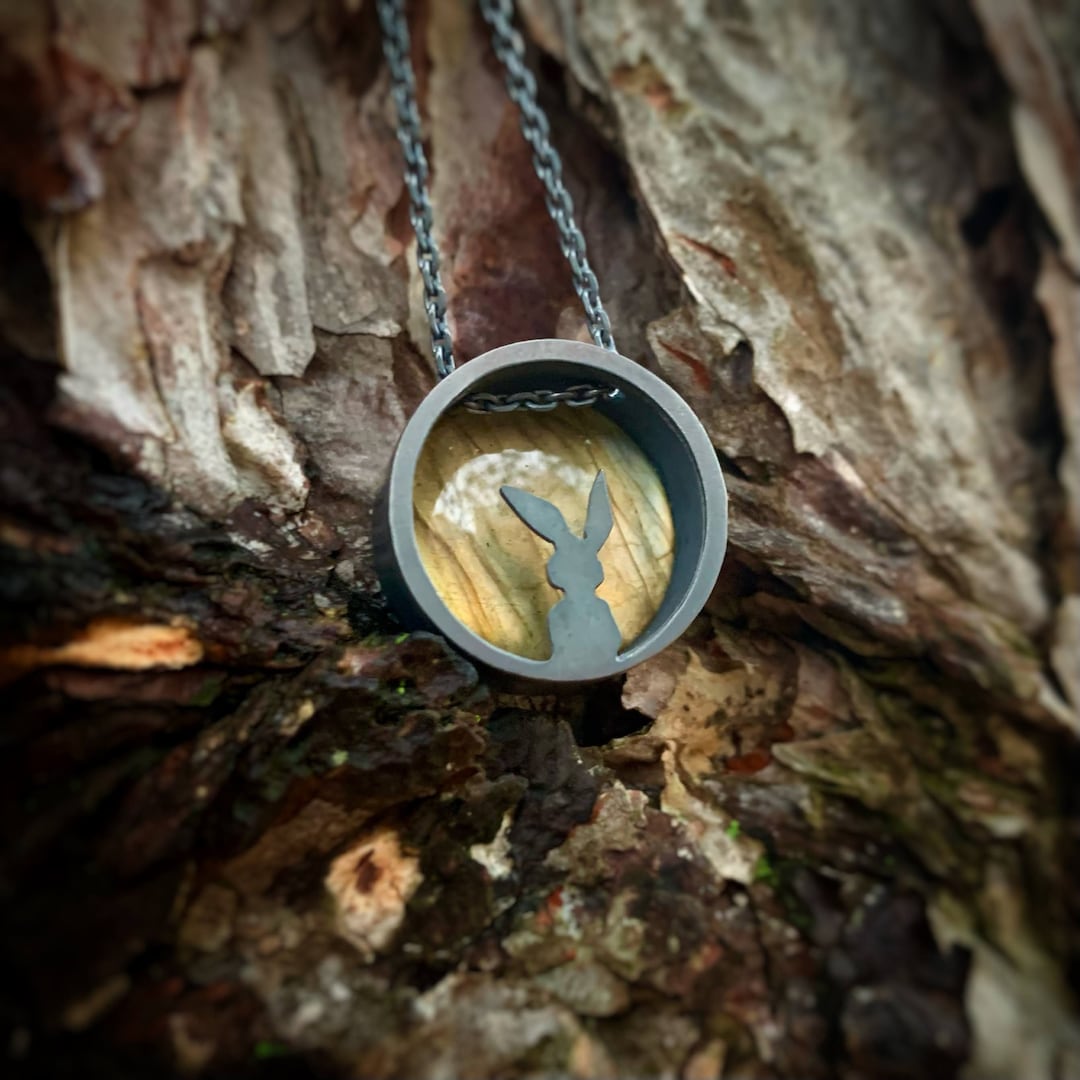Gold Labradorite Moon and Bunny Necklace; Handmade Oxidized Silver ...