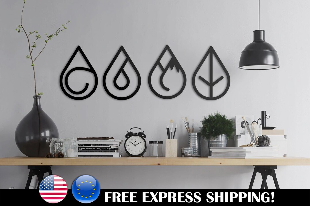 Four Elements Wall Art Set Living Room Decor Earth Water Air Fire Metal ...