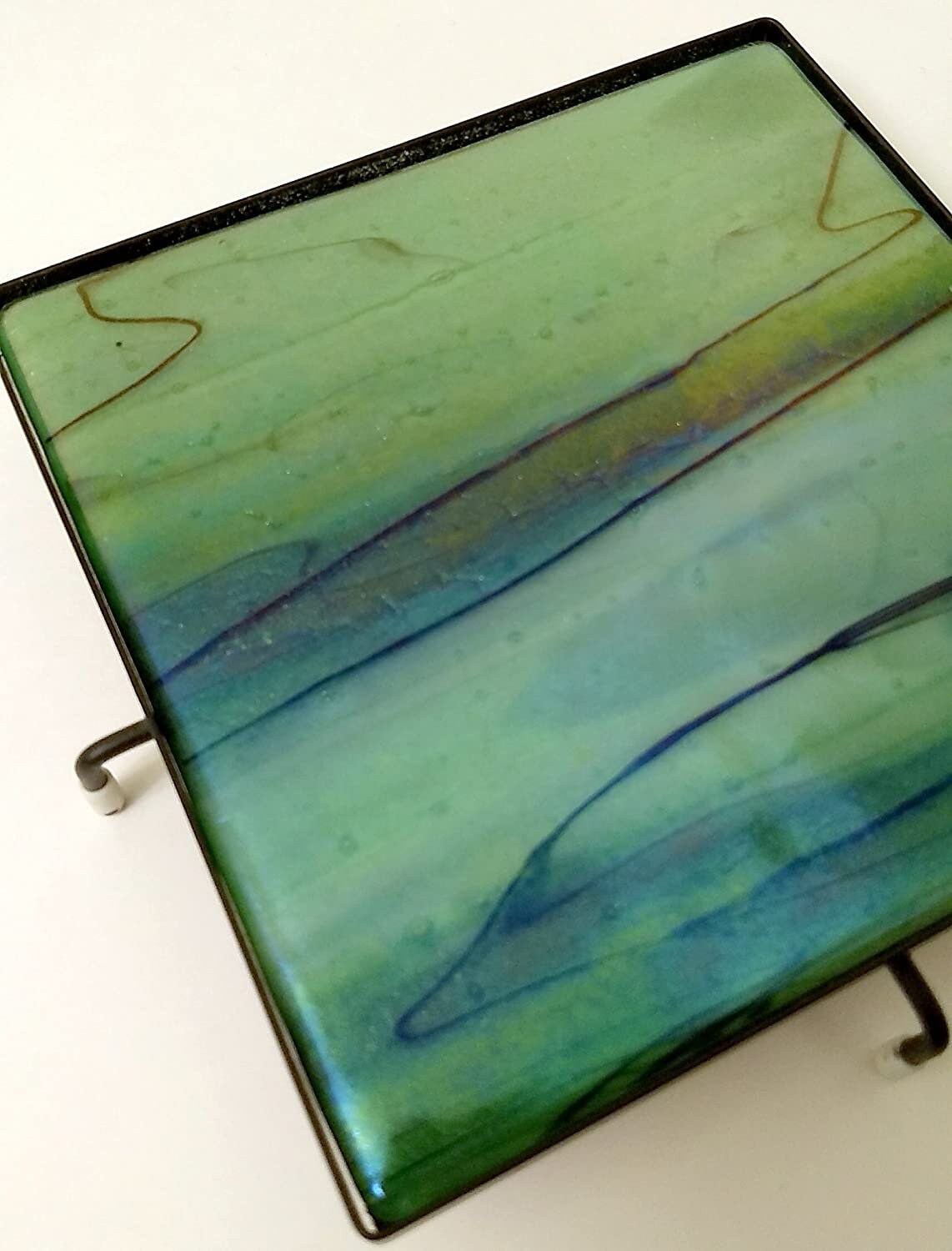 New Iridized Green Glass and Black Metal Trivet or Candle Holder - Etsy