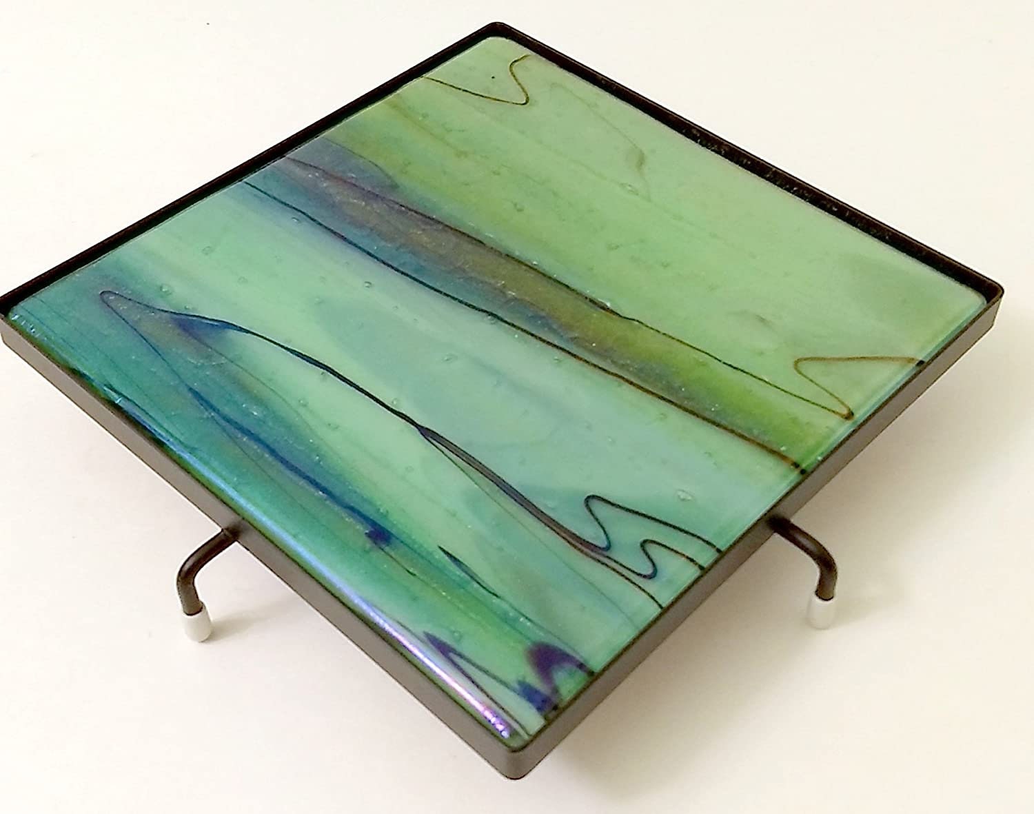 New Iridized Green Glass and Black Metal Trivet or Candle Holder - Etsy