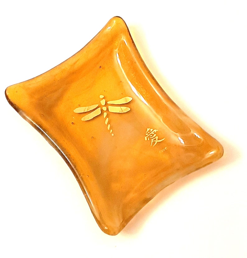 New Transparent Brown Glass Dish With 22K Gold Dragonfly and Asian ...