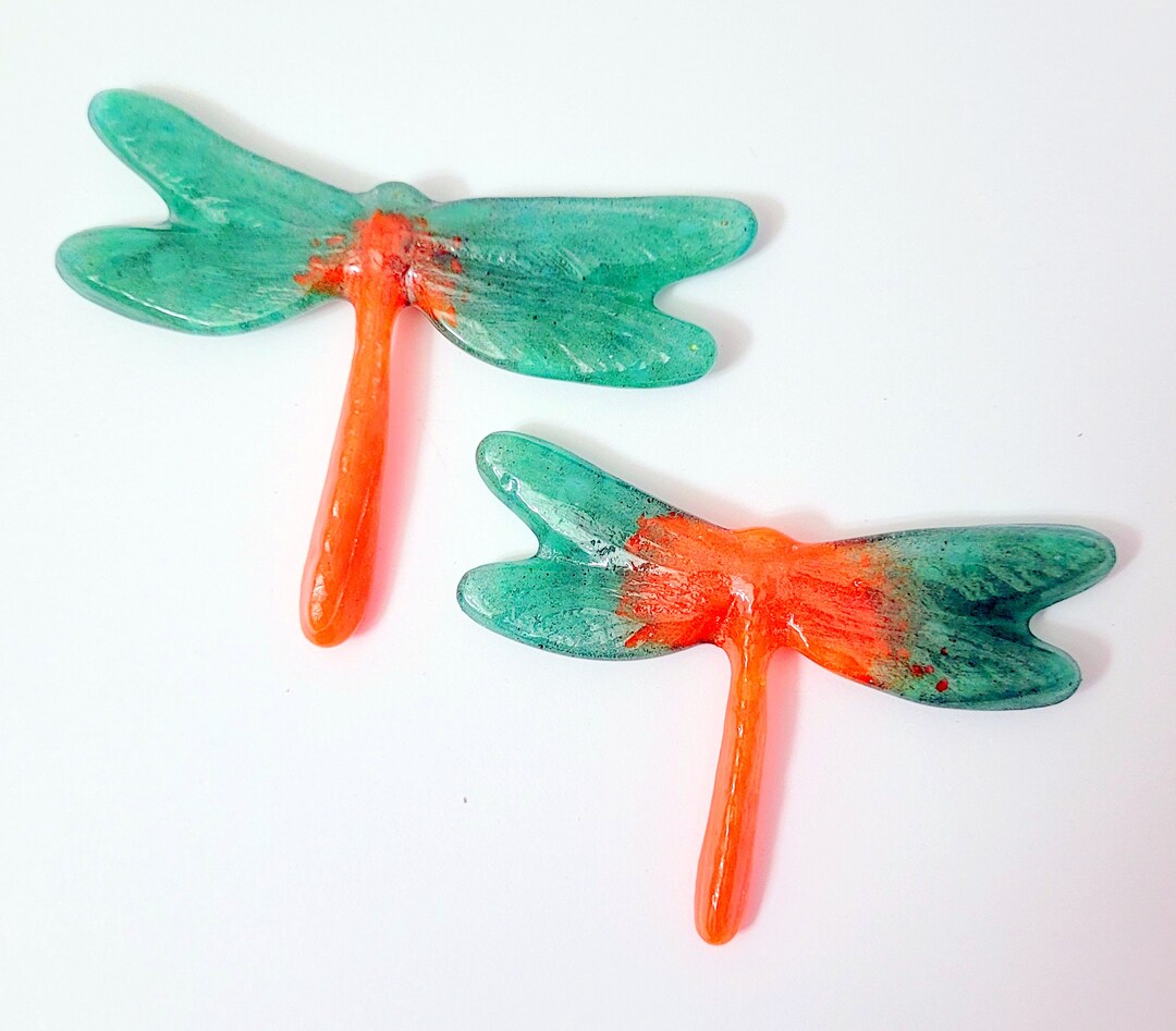 Set of 2 Glass Dragonfly Paperweights or Figurines Orange & Green ...