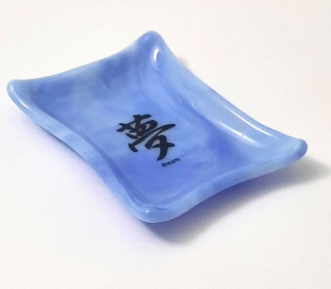 New Sky Blue Fused Glass Jewelry Dish With Black Asian Kanji Word and ...
