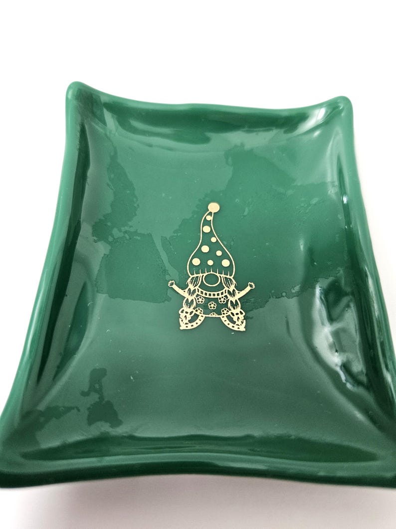 New Dark Green Glass Dish With 22K Gold Gnome in the Center Gently ...
