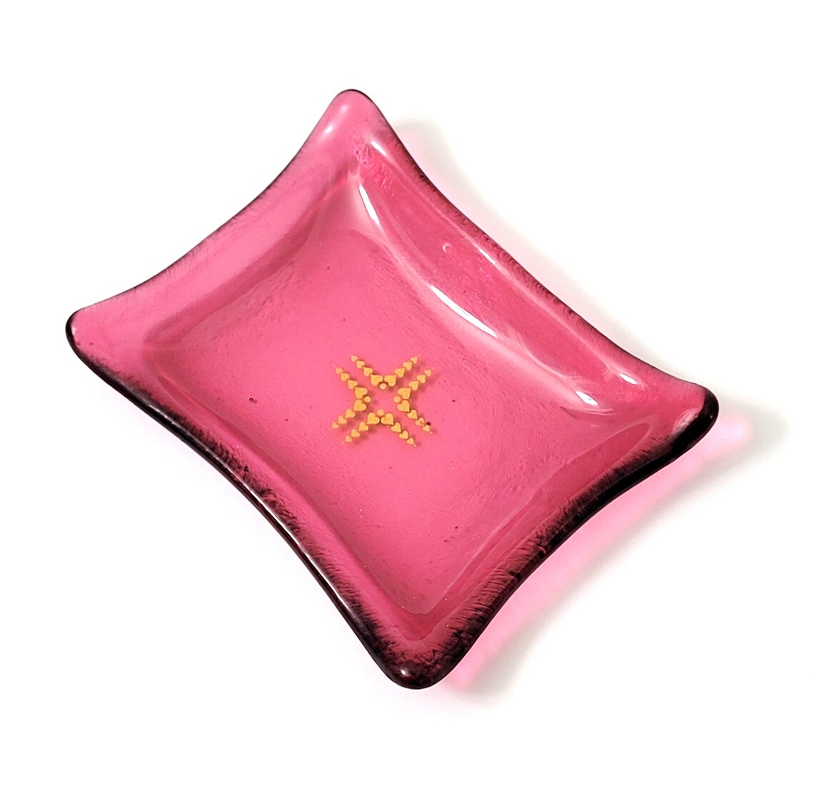 New Transparent Pink Glass With 22K Gold Hearts Jewelry Dish Curved ...