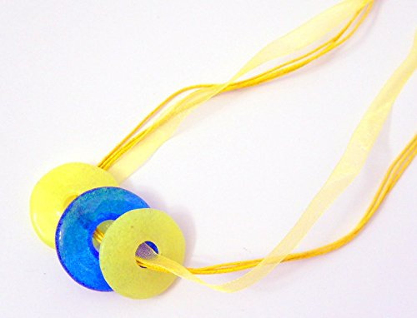 New 3 Round Glass Discs in Yellow and Turquoise Blue Necklace | Etsy