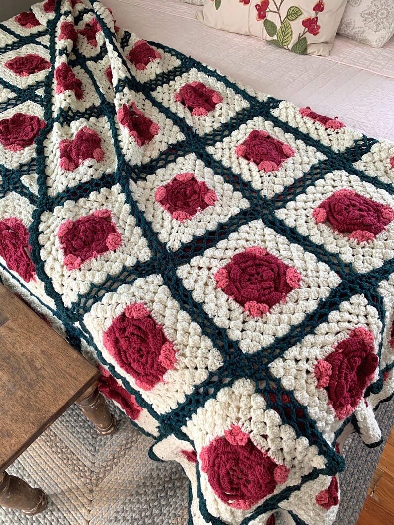 Queen King Size Vintage Crochet Afghan W Rose Pattern Vintage | Etsy