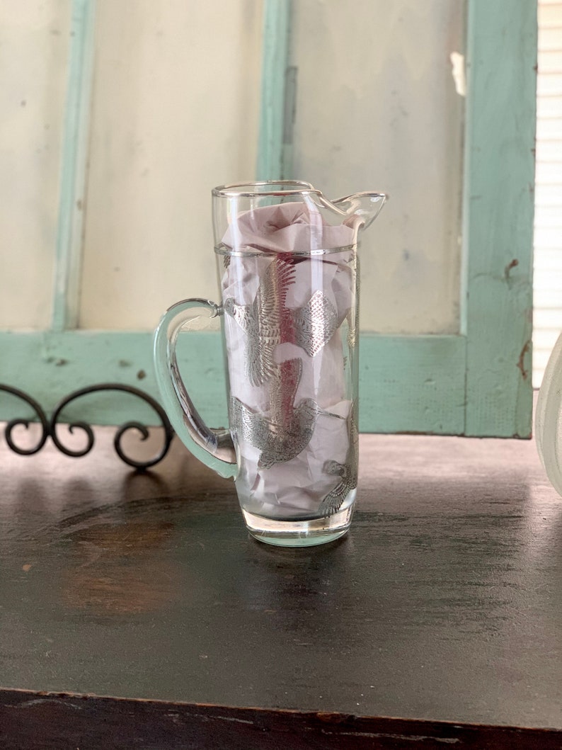 Pitcher, Vintage Glass Cocktail Pitcher With Silver Birds of Prey ...