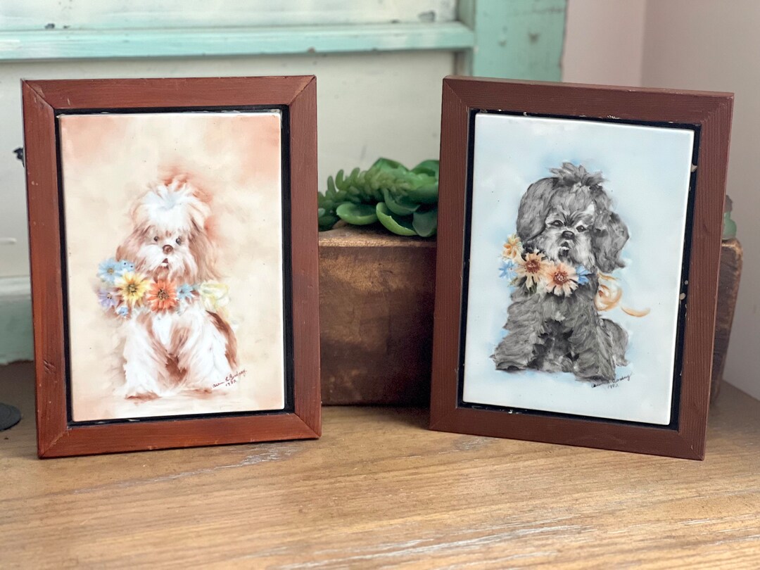Art, Vintage Hand Painted Art of Lhasa Opsa Maltese Yorkie Dog, Framed ...