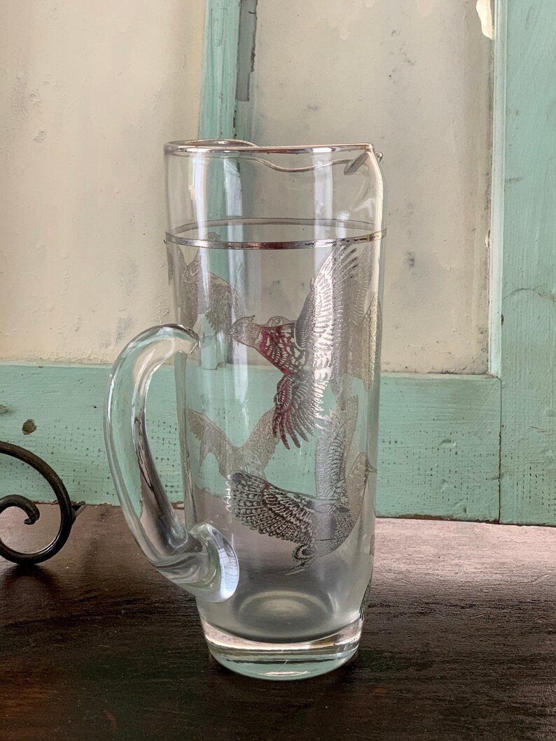 Pitcher, Vintage Glass Cocktail Pitcher With Silver Birds of Prey ...