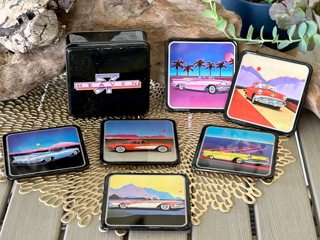 Coasters, Vintage Set of Metal & Cork Coasters Featuring Vintage Cars ...