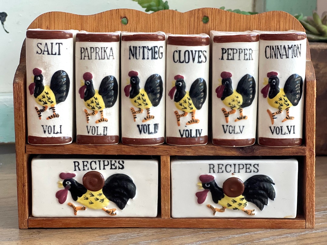 Spice Rack, Vintage Spice Rack With Spice Jars and Recipe Holder ...