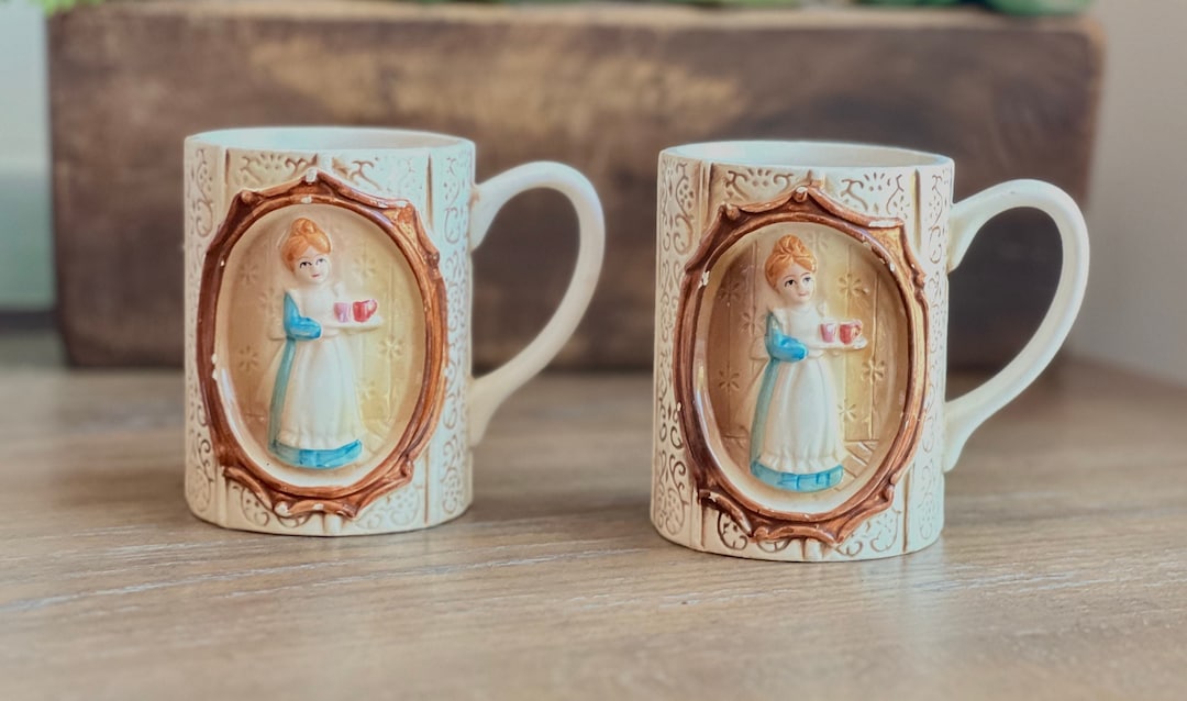 Coffee Mugs, Pair of Hand Painted Vintage Ceramic Coffee Mugs W Quaint ...